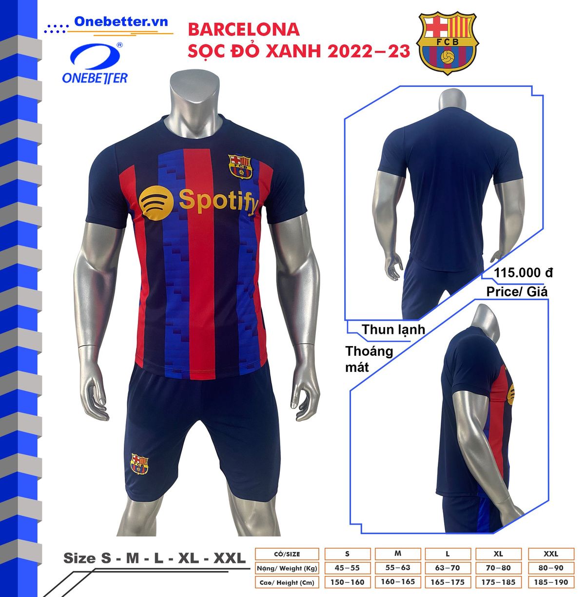 Đồ đá banh, quần áo bóng đá CLB Barca xanh đen sọc đỏ - Thun lạnh co ...