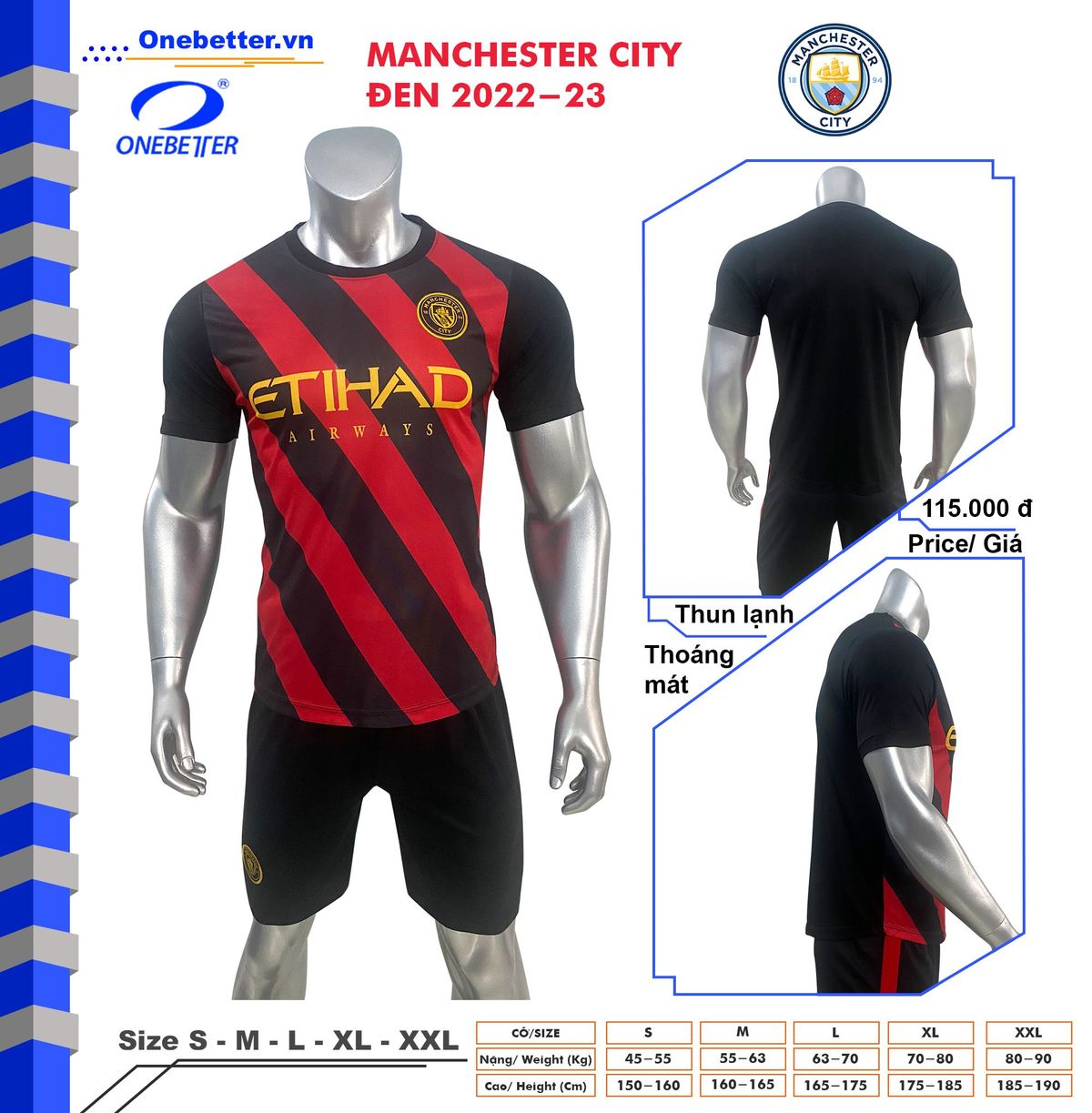Đồ đá banh, quần áo bóng đá CLB Manchester City đen - Thun lạnh co giãn ...