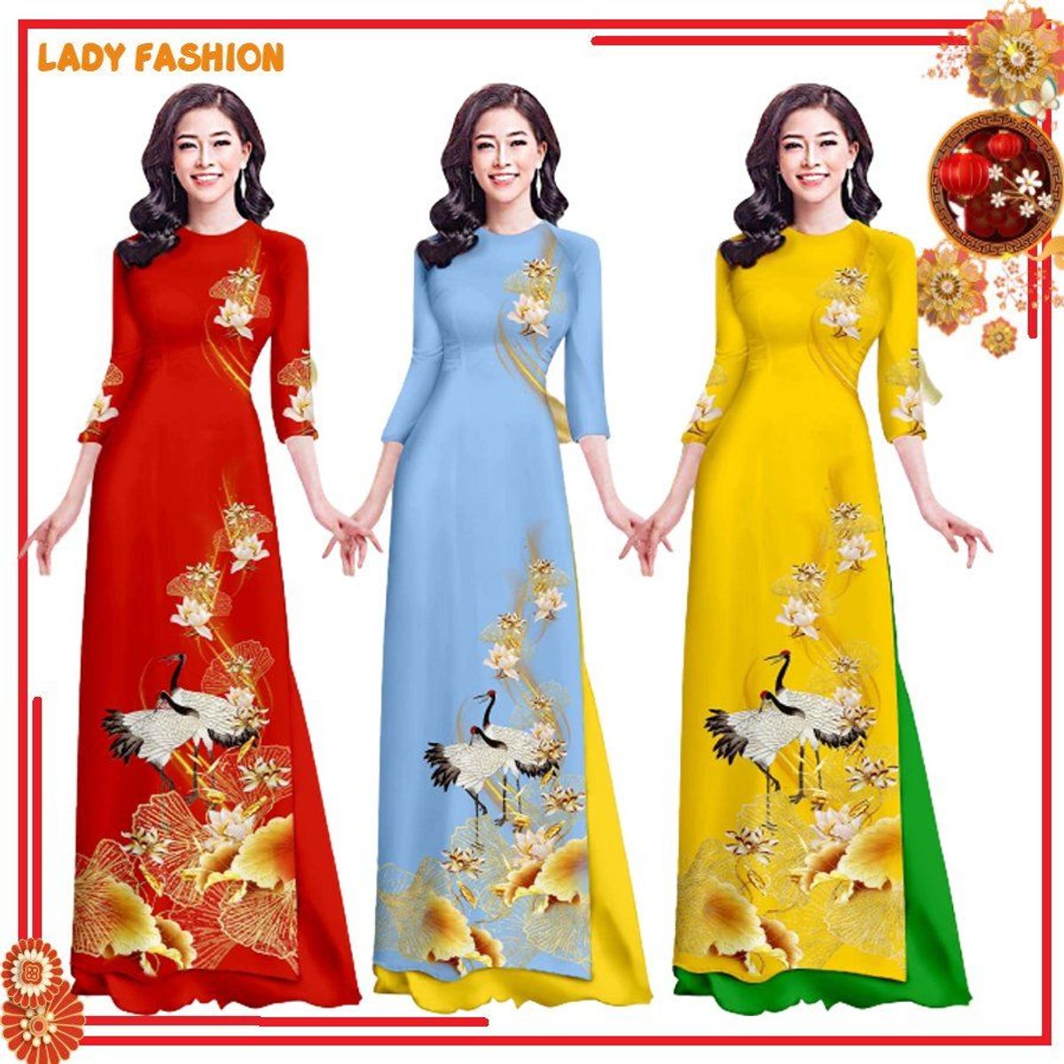 Áo dài lụa in 3D họa tiết sen và chim hạc AD012 - Lady Fashion giá sỉ ...