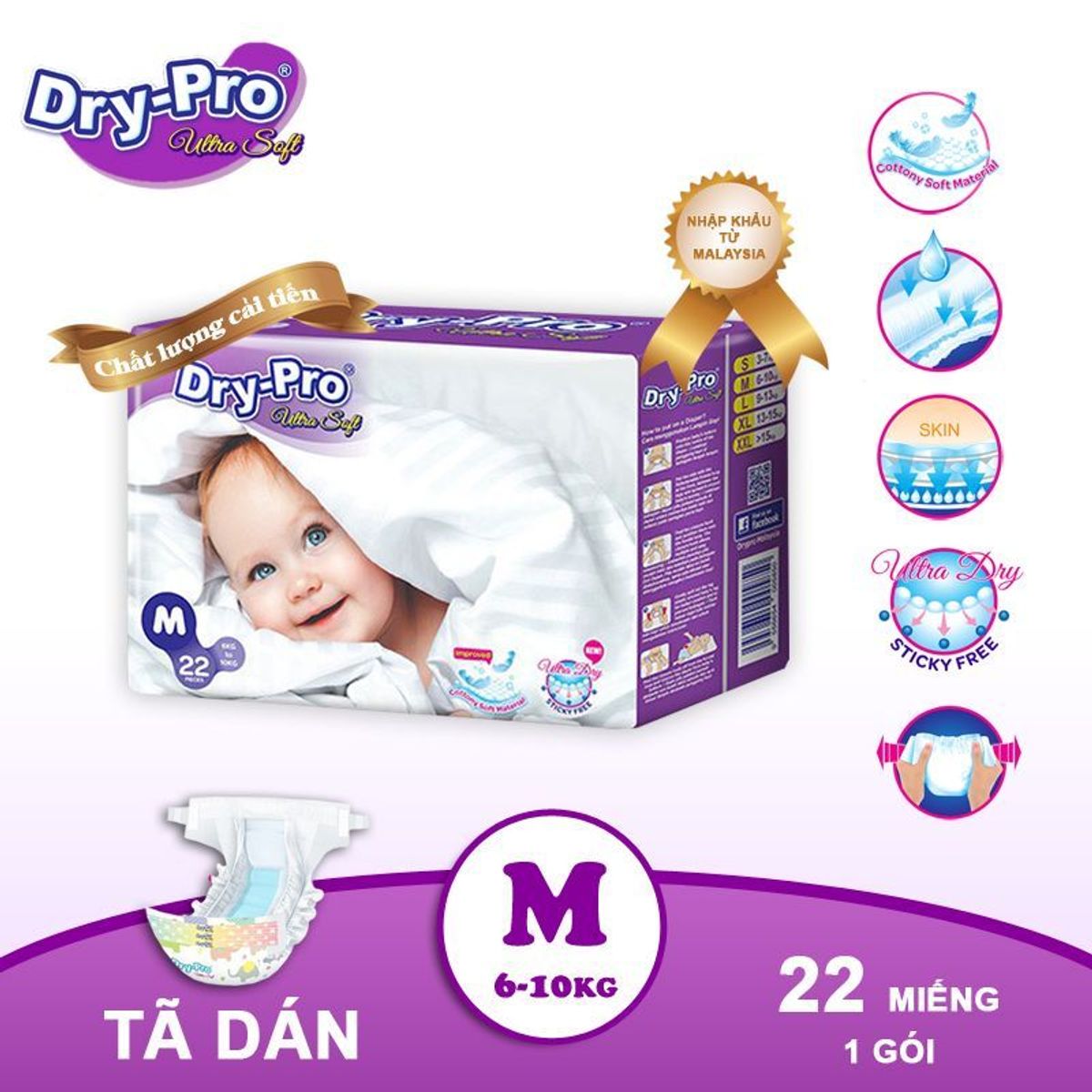 Tã/bỉm dán Dry-Pro siêu mềm nhập khẩu Malaysia size M22 (6kg - 10kg ...