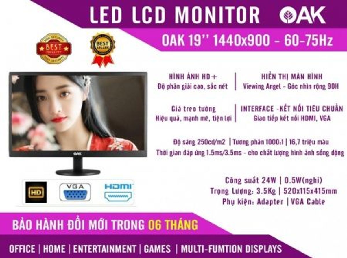 MÀN HÌNH LED LCD 19' OAK MONITER 1440 x 900 , 60-70 Hz CHÍNH HÃNG , VGA ...