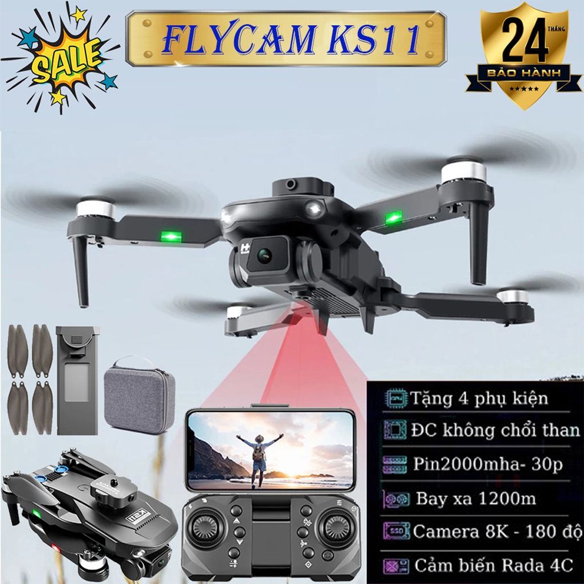 Flycam mini KS11 động cơ không chổi than - 2 camera quay phim chụp ảnh ...