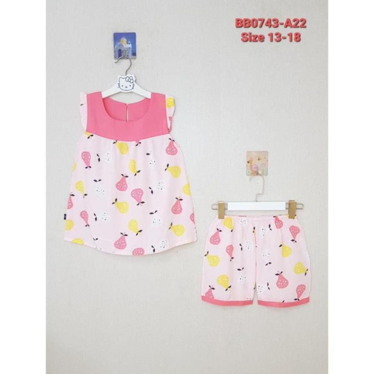 BB0743-A22 - Bộ bé gái lanh tay hến , in quả màu , màu hồng cam nhạt , size to 13t-18t giá sỉ ...