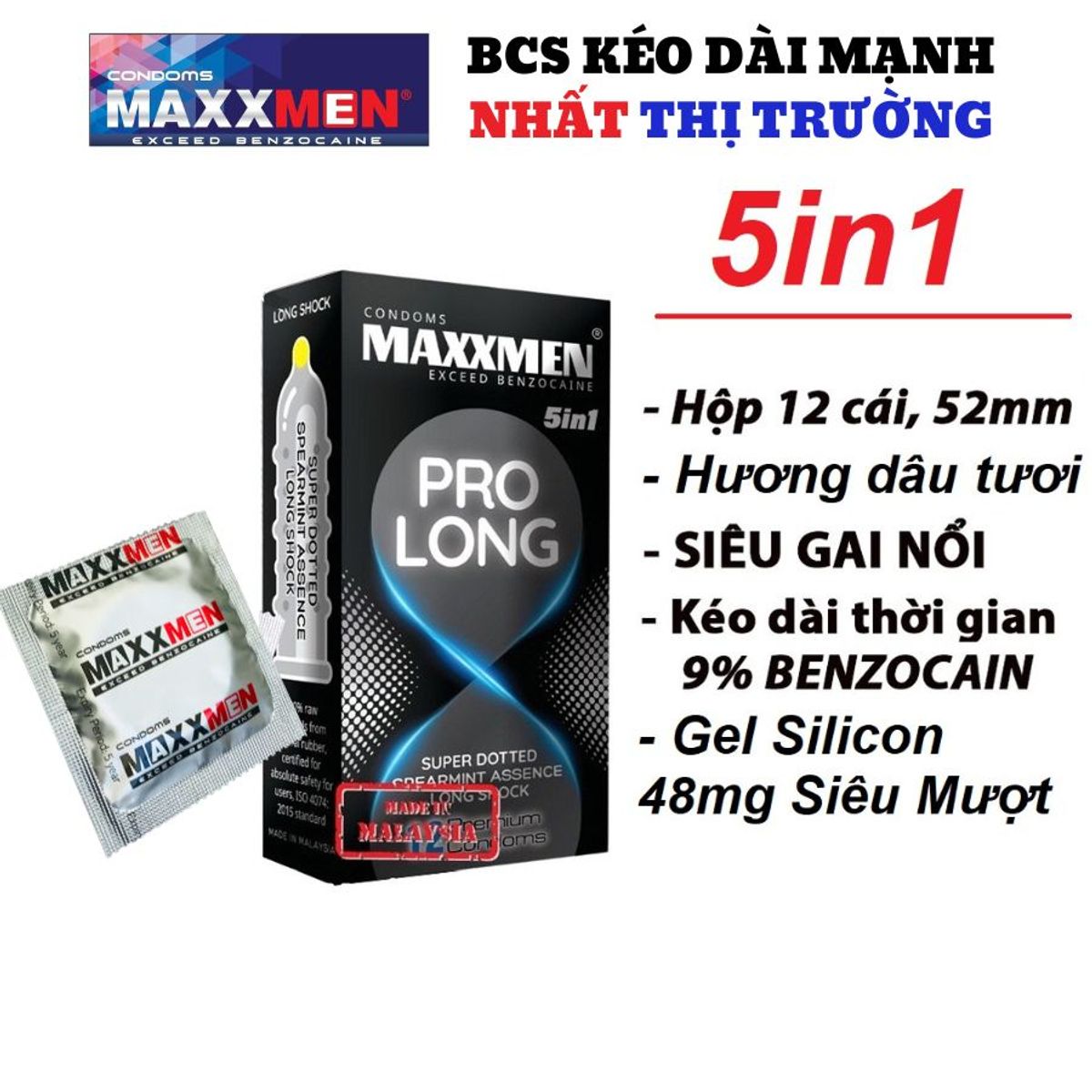 Bao cao su chống xuất tinh sớm Maxxmen 5in1 Prolong 12 cái, với 500 hạt gai nổi lớn cực đã, kéo ...
