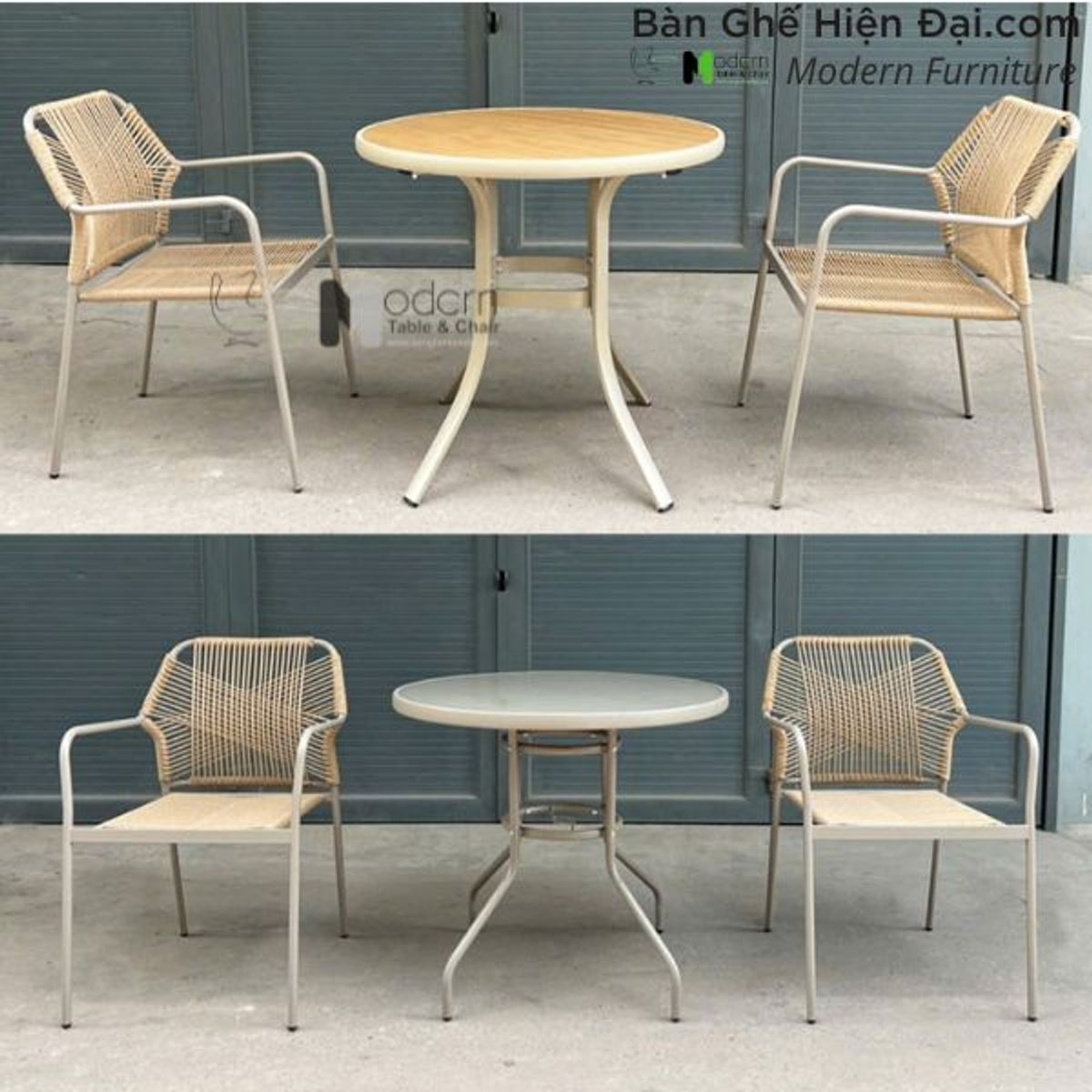 Bộ bàn tròn café sân vườn ngoài trời mặt gỗ nhựa khung chân nhôm 2 ghế ...
