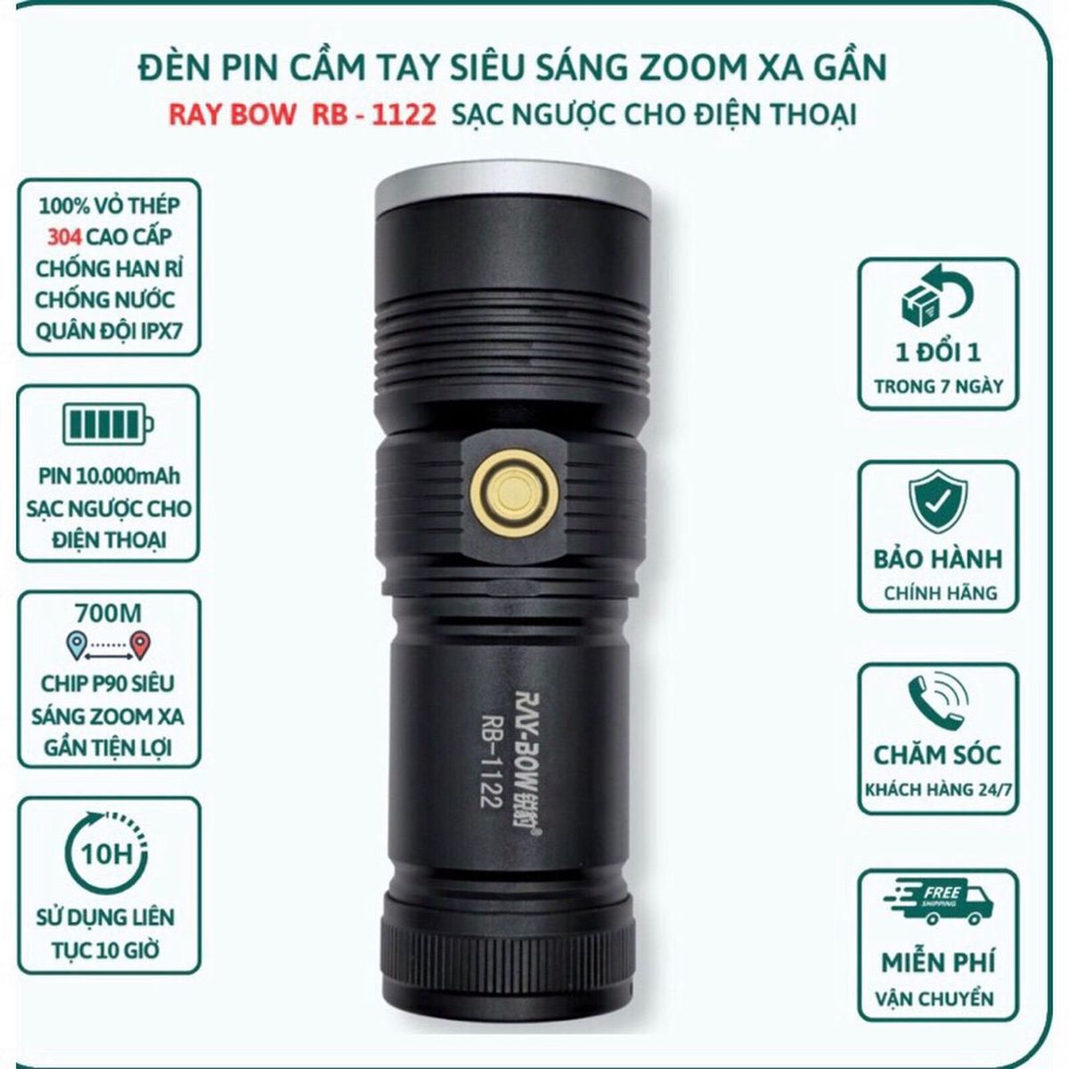 Đèn pin cầm tay siêu sáng RAY-BOW RB1122 chiếu xa 700m có chế độ Zoom ...