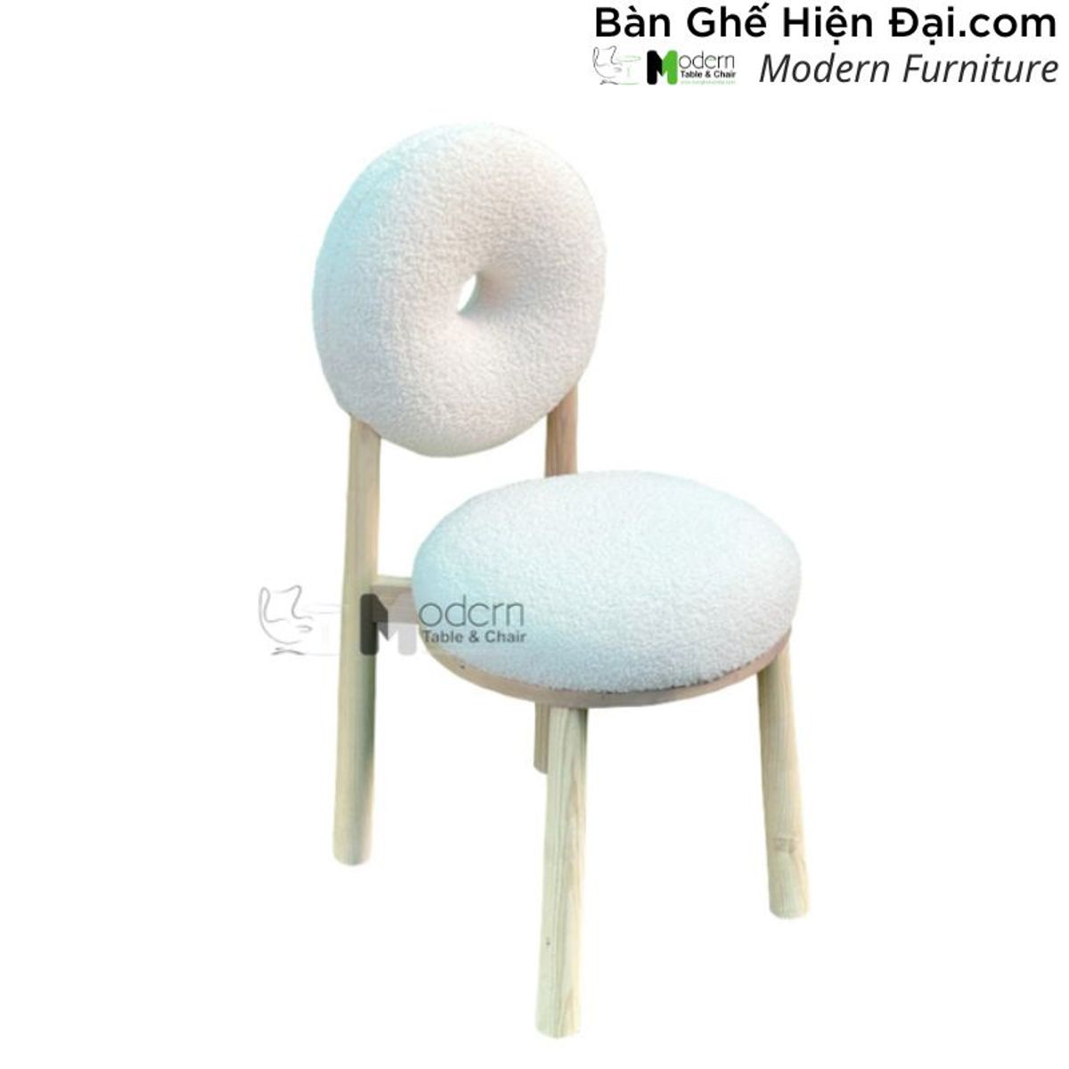 Ghế bàn trang điểm lưng tròn bọc vải lông cừu chân gỗ màu trắng kem ...