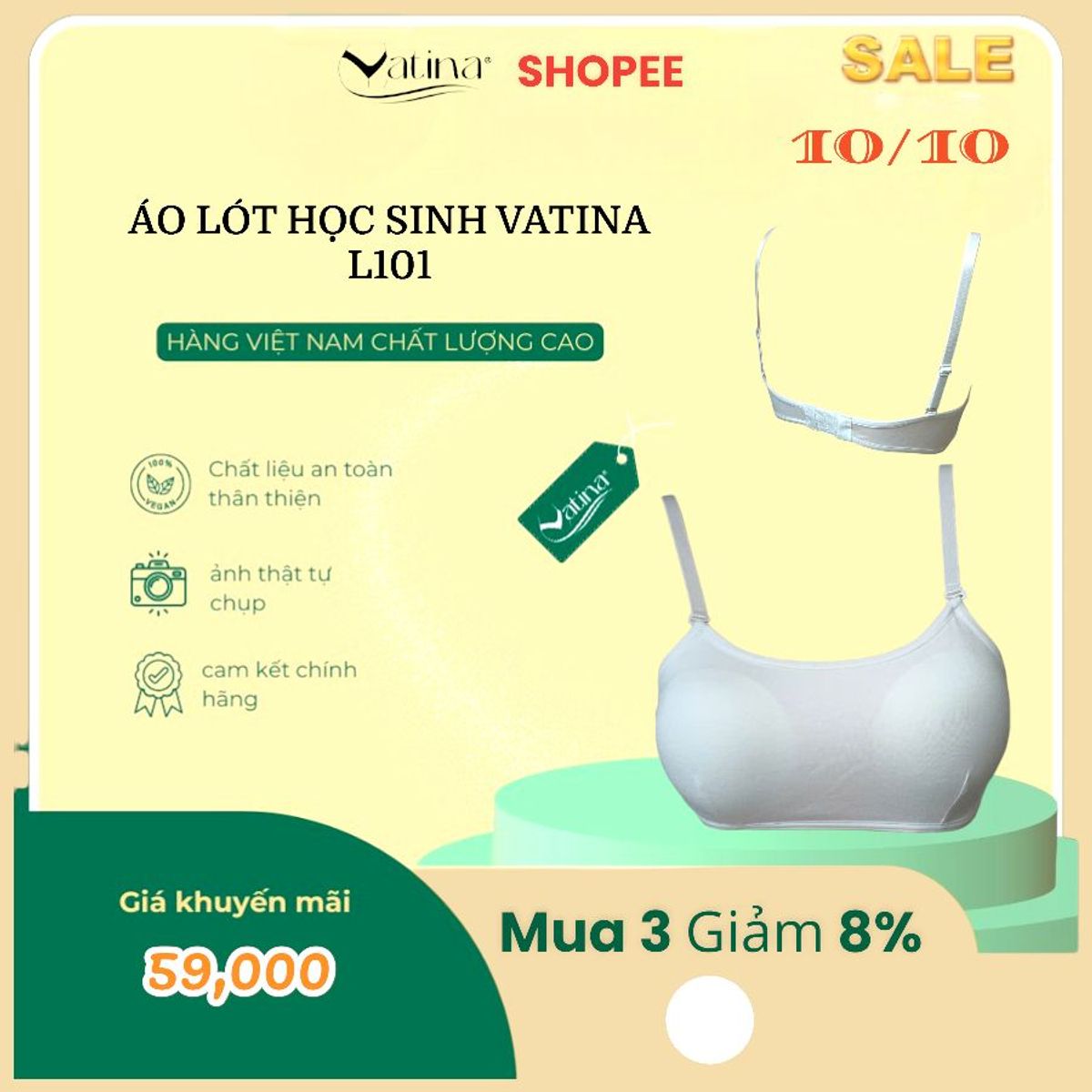 Áo lót học sinh cotton có mút độn dính liền 2 móc gài sau có dây vai ...
