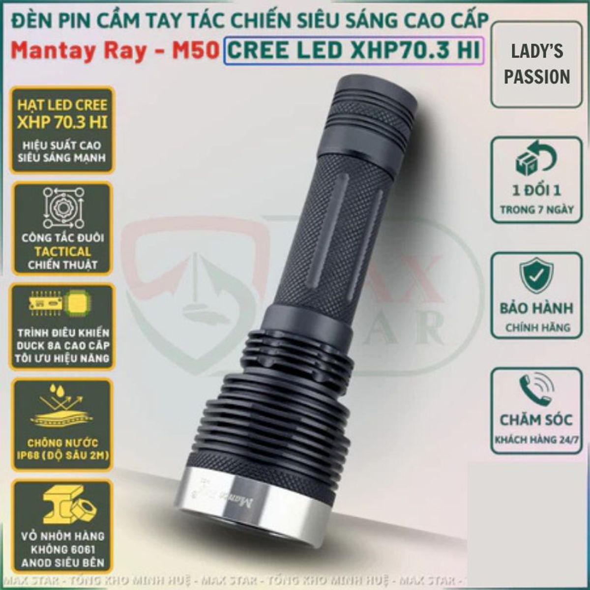 ĐÈN PIN CẦM TAY MANTA RAY M50 TÁC CHIẾN SIÊU SÁNG LED XHP70.3 HI, CHỐNG ...