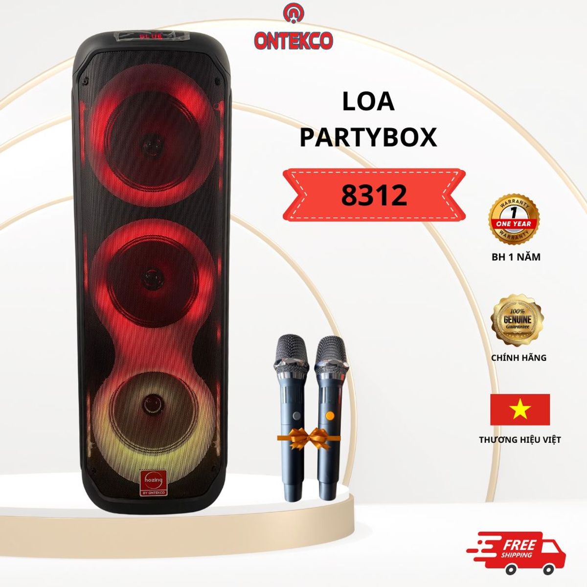 Loa karaoke partybox ontekco 8312, 3 bass 20,kèm 2 micro kim loại pin sạc giá sỉ, giá bán buôn ...