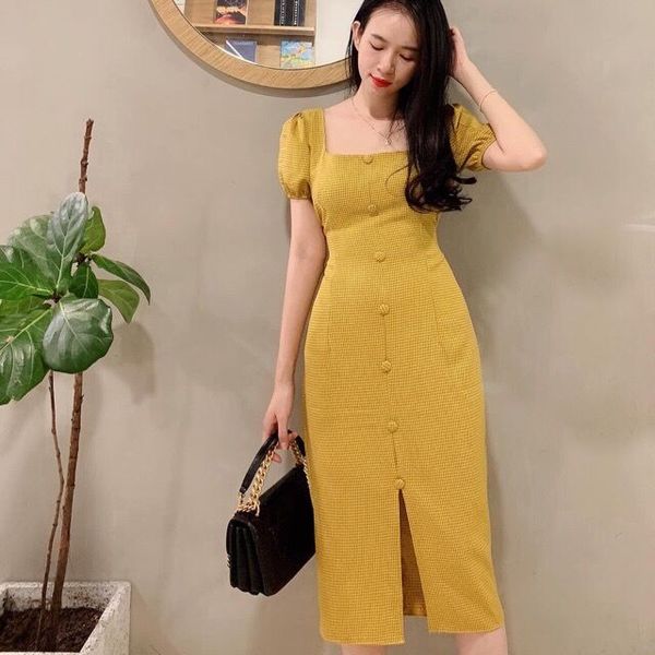 DM607 - Đầm Maxi Form Ôm Phối Cổ Vuông Tay Phồng Nhiều Màu giá sỉ, giá bán buôn - Thị Trường Sỉ