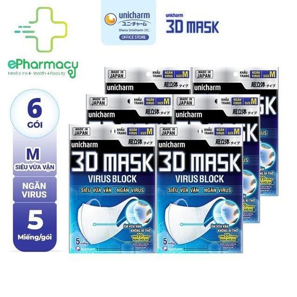 Khẩu trang 3D Mask ngăn vi khuẩn - Unicharm 3D Mask Virus Block Combo 6 ...