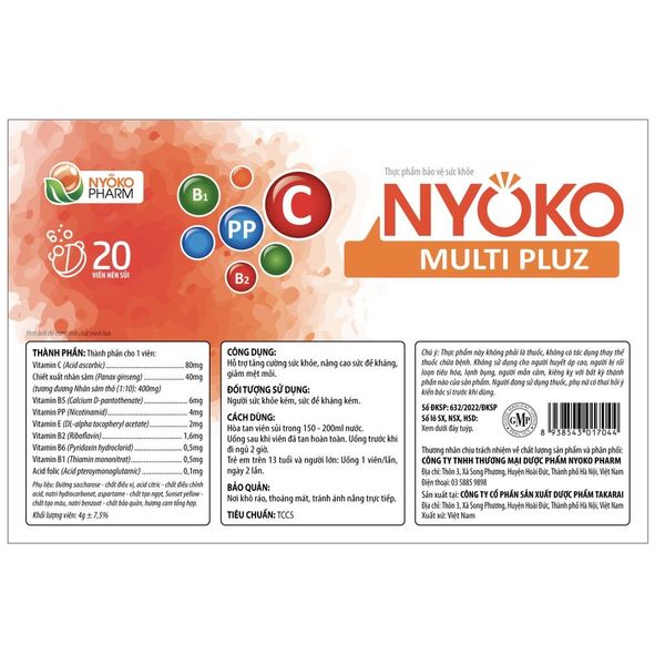 Viên sủi vitamin Multi Pluz NYOKO có chiết xuất nhân sâm tăng sức đề kháng cho cơ thể hộp 1 lọ ...