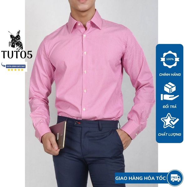Áo sơ mi hồng kẻ sọc nam TUTO5 Menswear dài tay công sở cao cấp Slim fit Premium Shirt chống ...