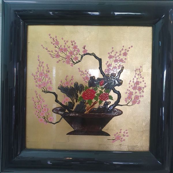 Tranh sơn mài 3D Thanh Bình Lê chậu hoa phong thủy 55x55 cm có khung sơn mài giá sỉ, giá bán ...