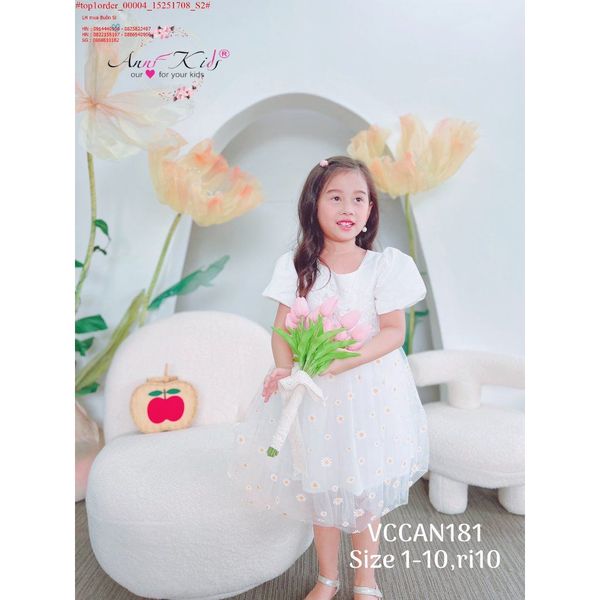 hàng sỉ HN Váy công chúa tay bồng đáp hoa, ren hoa cúc, chất vải mềm ...