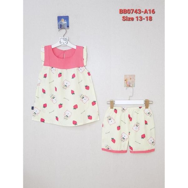 BB0743-A16 - Bộ bé gái lanh tay hến , in mèo , màu vàng , size to 13t-18t giá sỉ, giá bán buôn ...