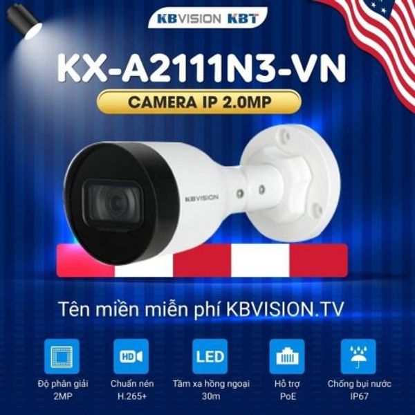 Camera IP Kbvision 2.0MP KX- A2111N3 chuẩn nén H265+, hồng ngoại 30m ...